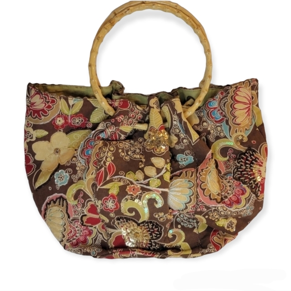 Tianni | Bags | Tianni Boho Brown Floral Beaded Bamboo Handle Handbag ...